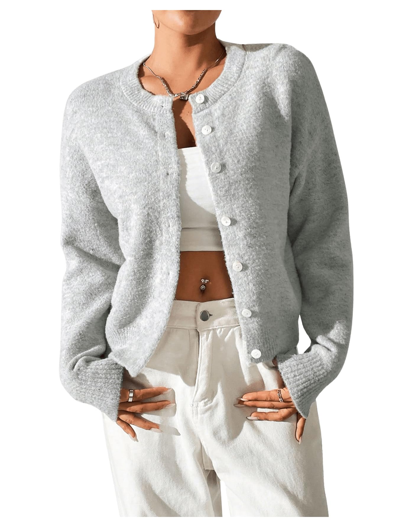 SweatyRocks Women's Button Up Crew Neck Cardigan Long Sleeve Knitted ...