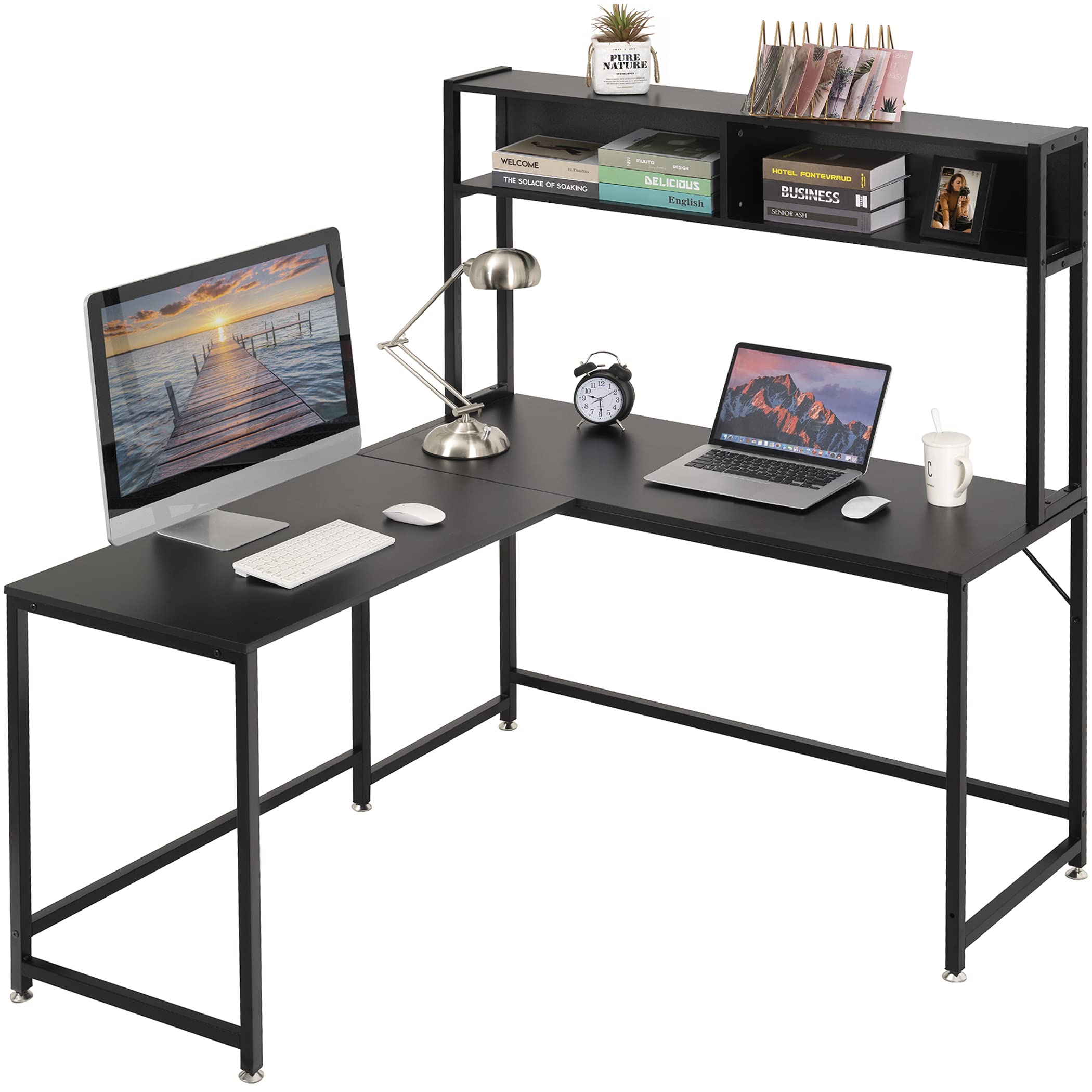 Becko US L Shaped Desk with Hutch, 56 Inch Corner Computer Desk, Home ...