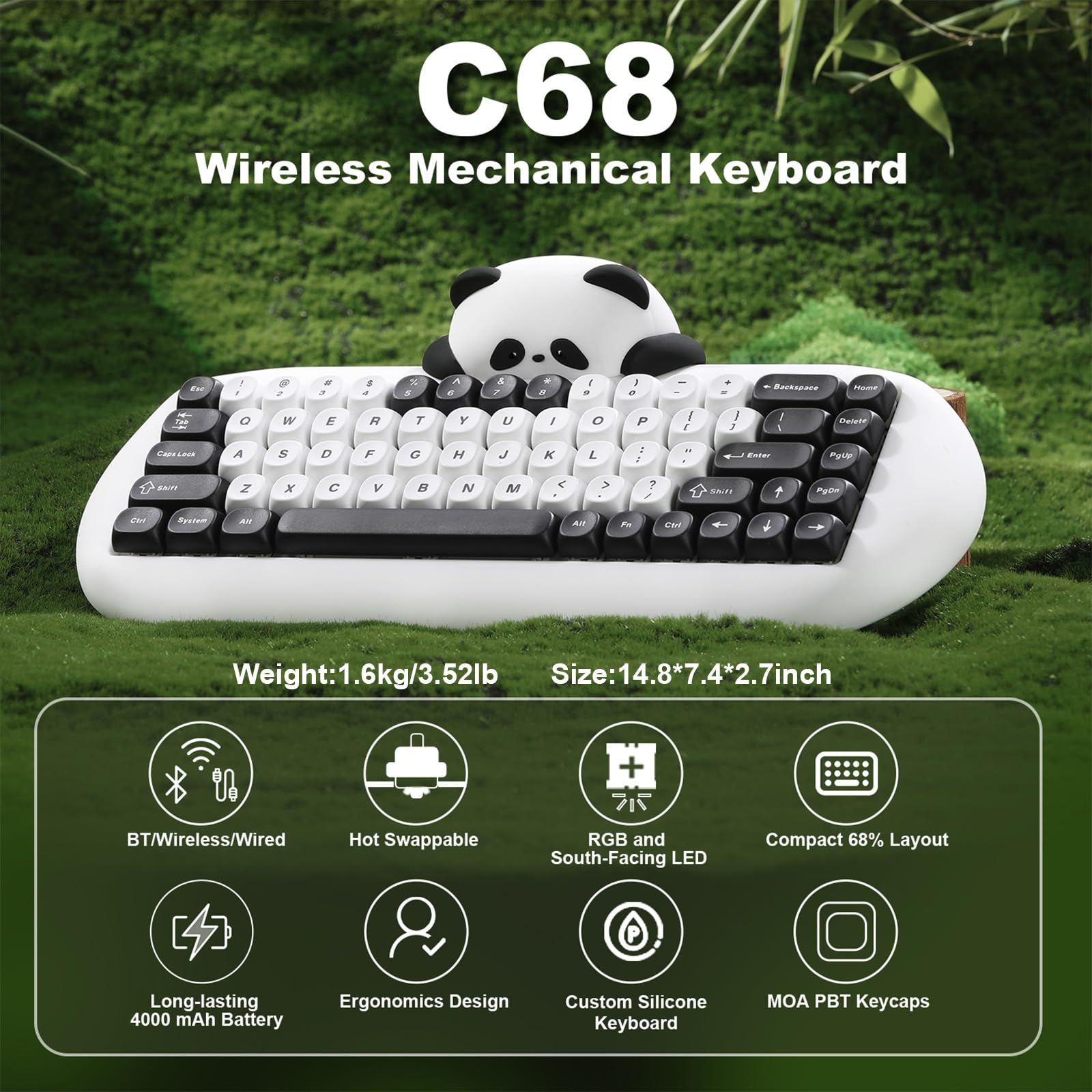 Mua YUNZII C68 Panda Wireless Mechanical Gaming Keyboard, 68 Keys Cute ...