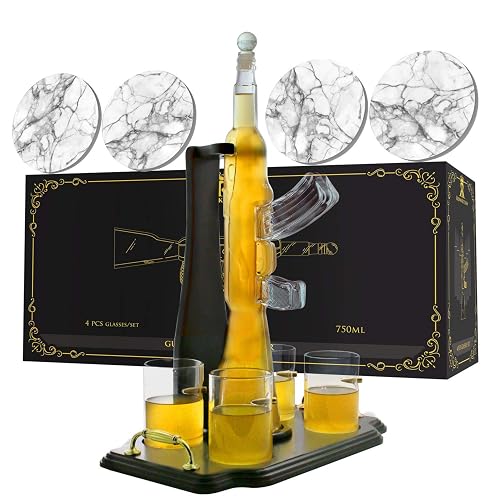 Gun Whiskey Decanter Set. Includes Whiskey glasses, coasters, and wood ...