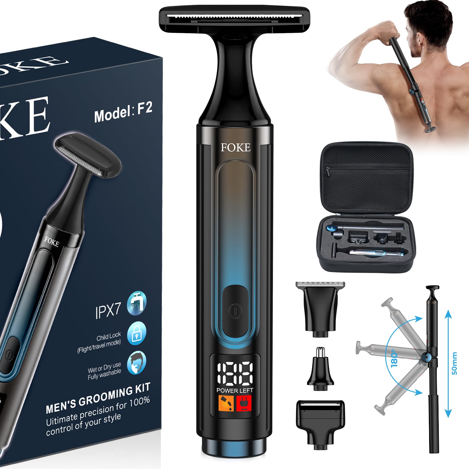 FOKE Back Shaver for Men, Ultra-Wide 1.8" T-Shaped Head, Travel Case ...