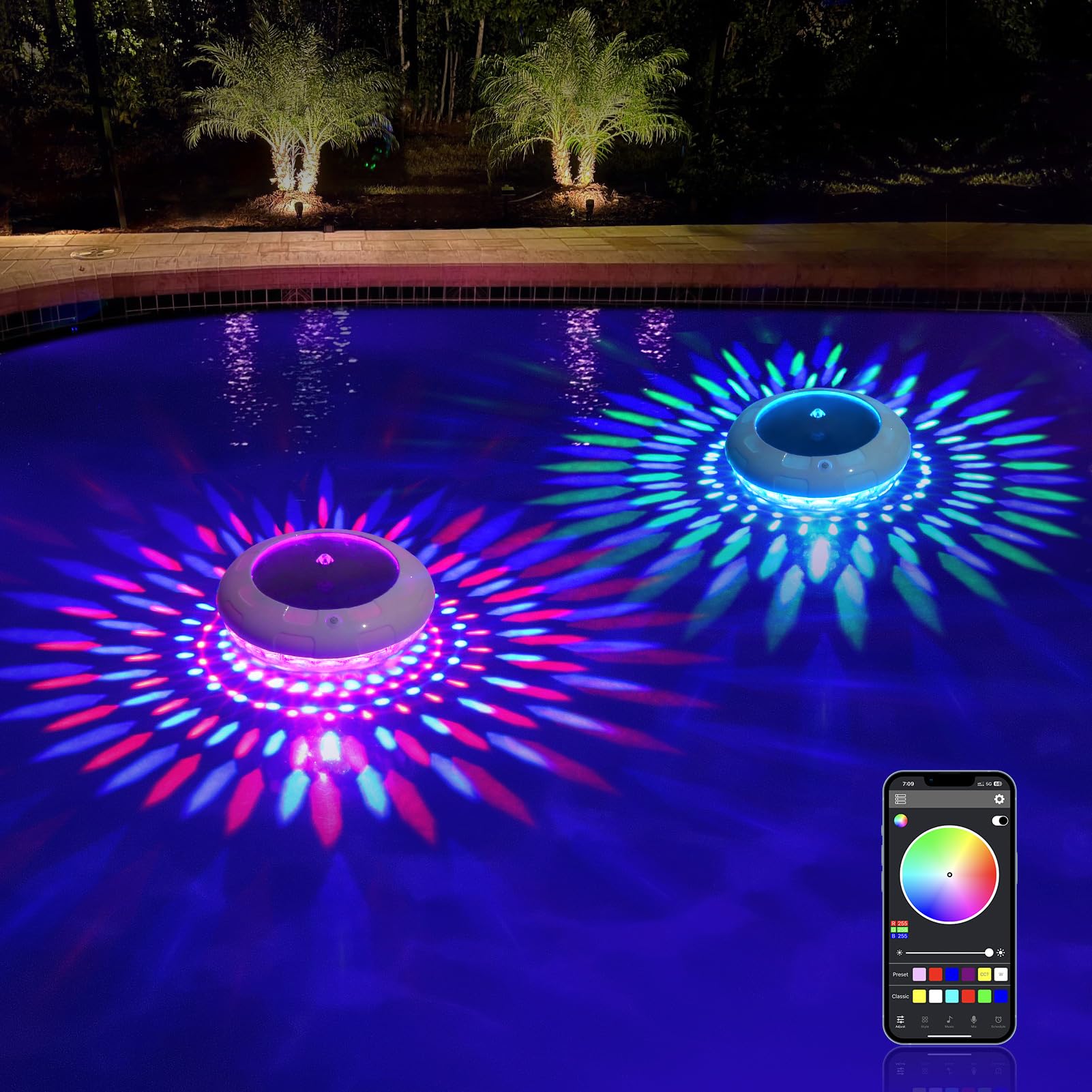 LENONE Floating Pool Lights with APP, 6.5 Inch Dynamic RGB Color ...