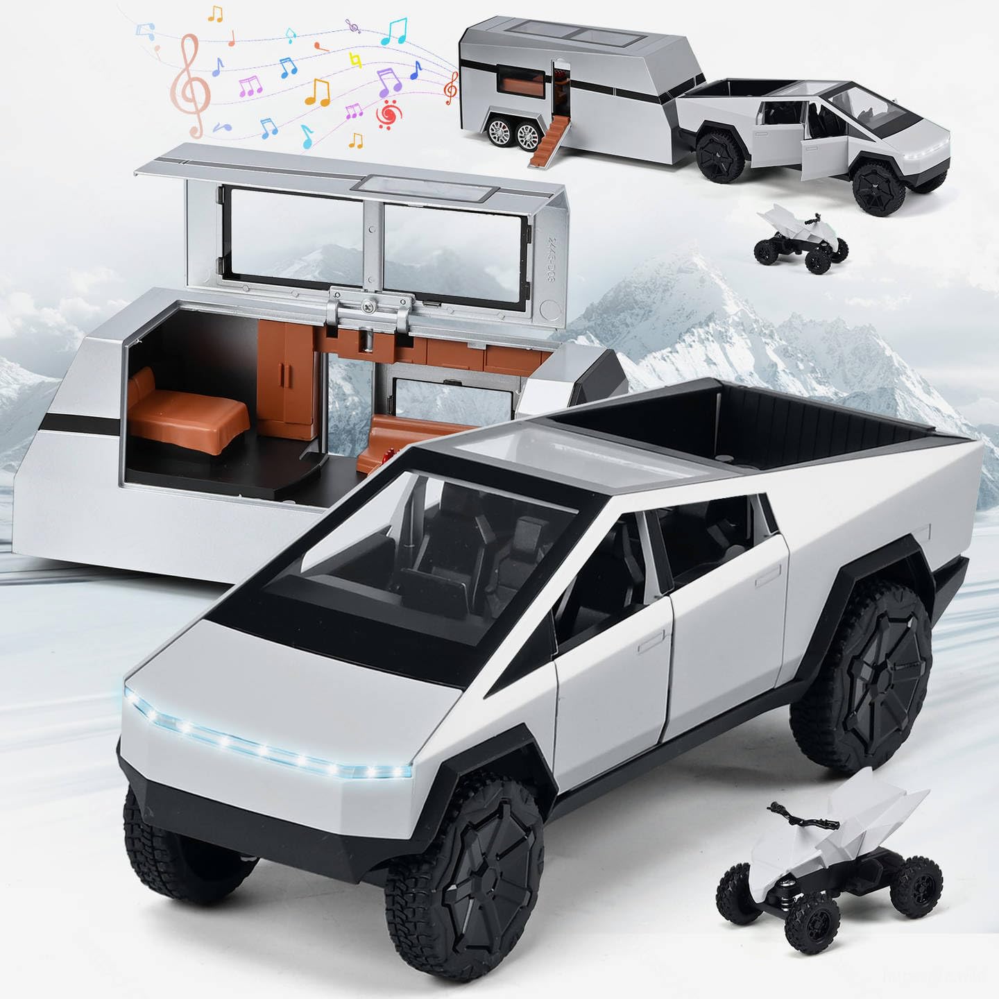 NQD 1/24 Cyber Truck Toy with RV and Motorcycle, 3 in 1 Alloy Diecast ...