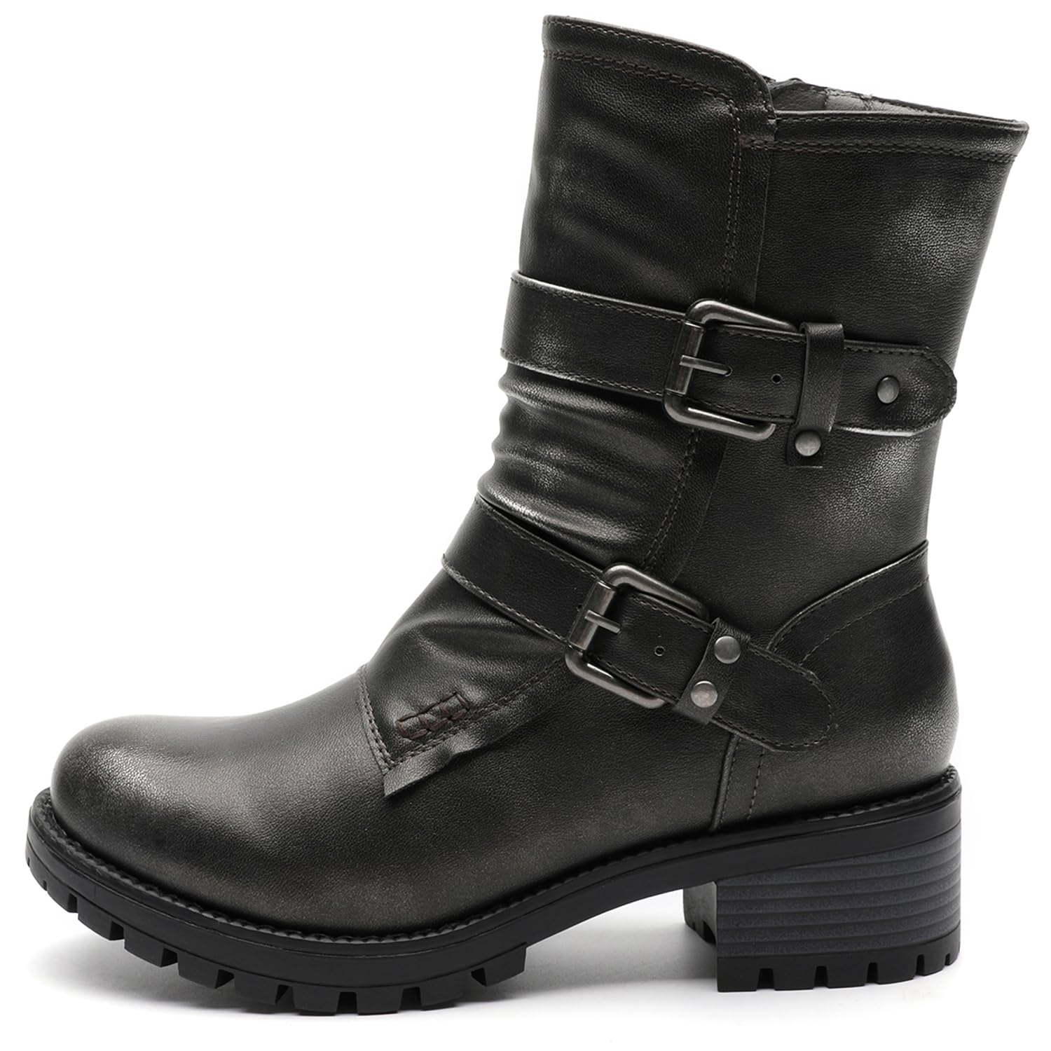 GLOBALWIN Women's Biker Boots Lace up Mid Calf Motorcycle Fashion ...