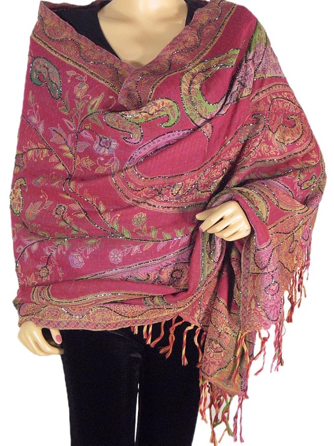 Kashmir Pink Designer Shawl Beaded Afghan Evening Wear India Paisley ...