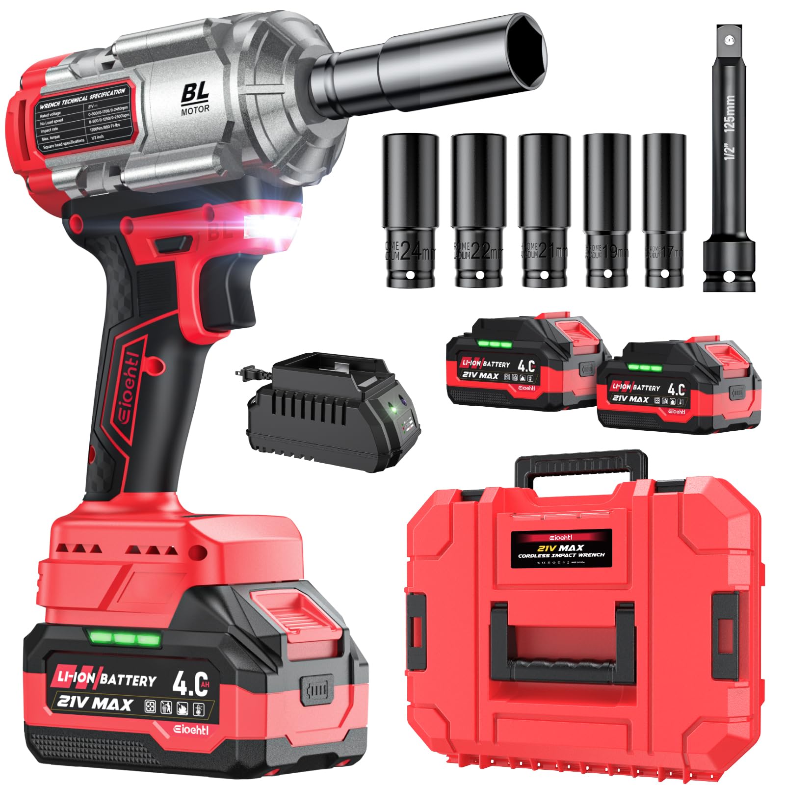 Cordless Impact Wrench, 1200Nm(900 Ft-lbs)1/2" Brushless Impact Gun ...