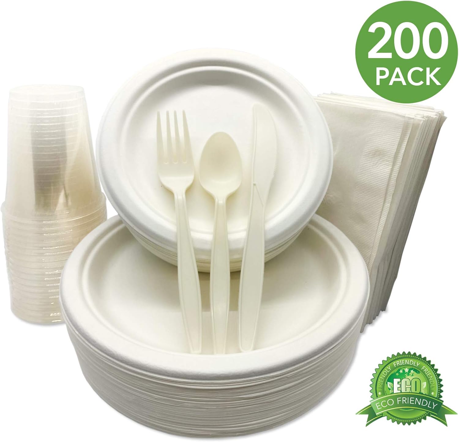 Amazon.com: 200 Piece Disposable Dinnerware Set, Compostable Sugarcane ...