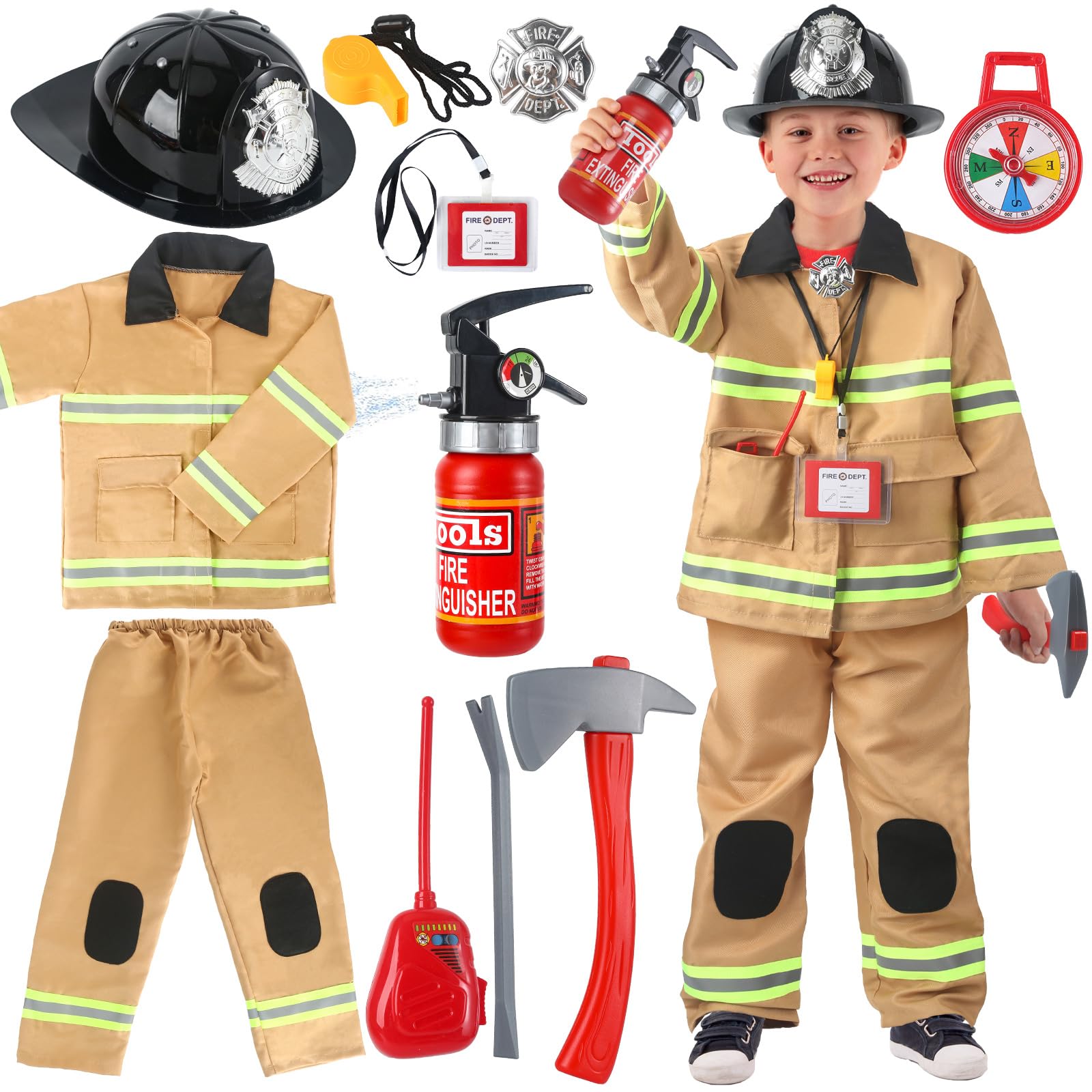 Firefighter Costume for Kids 3-5, Fireman Costume for Boys with Toy ...