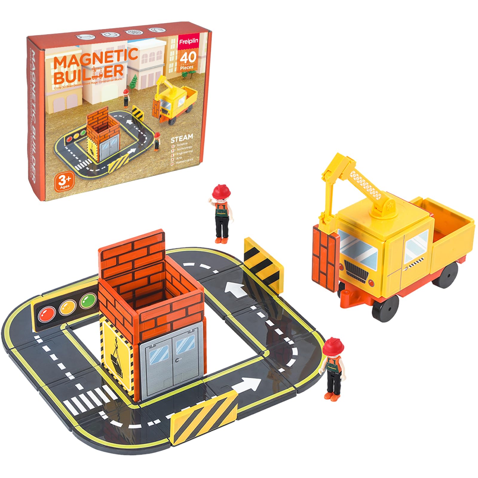 Freiplin Magnetic Tiles Road Set with Carne, Road Pieces and Truck ...