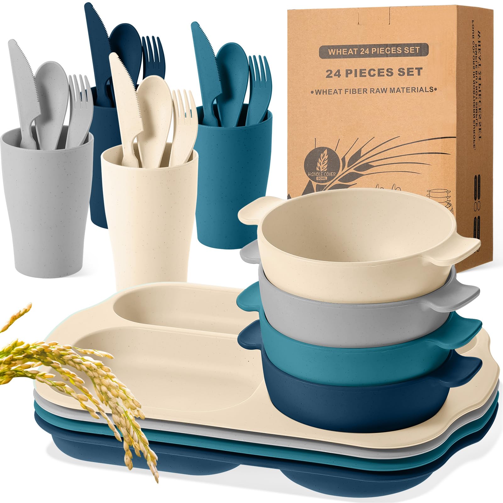 Honoson 24 Pcs Wheat Straw Dinnerware Cutlery Set Including Divided ...