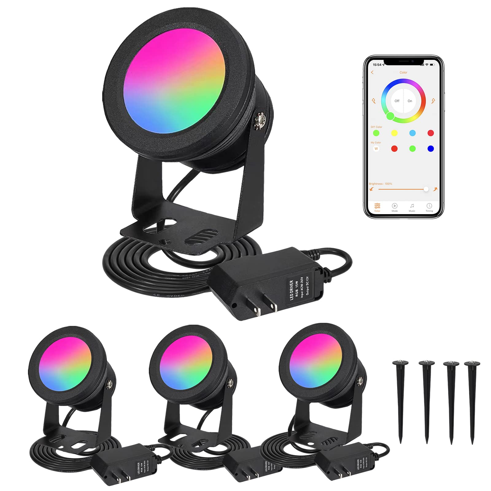 Atractligte Spot Lights Outdoor, RGB Landscape Lighting 4XPack 15W IP67 ...