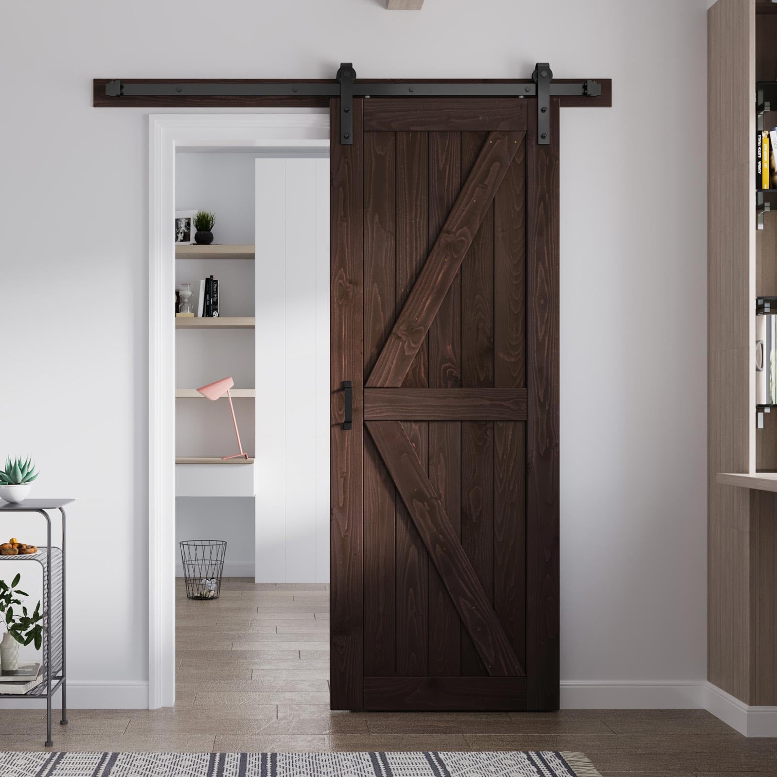 FREDBECK 30in x 84in Brown Barn Door with 5ft (60inch) Barn Door ...