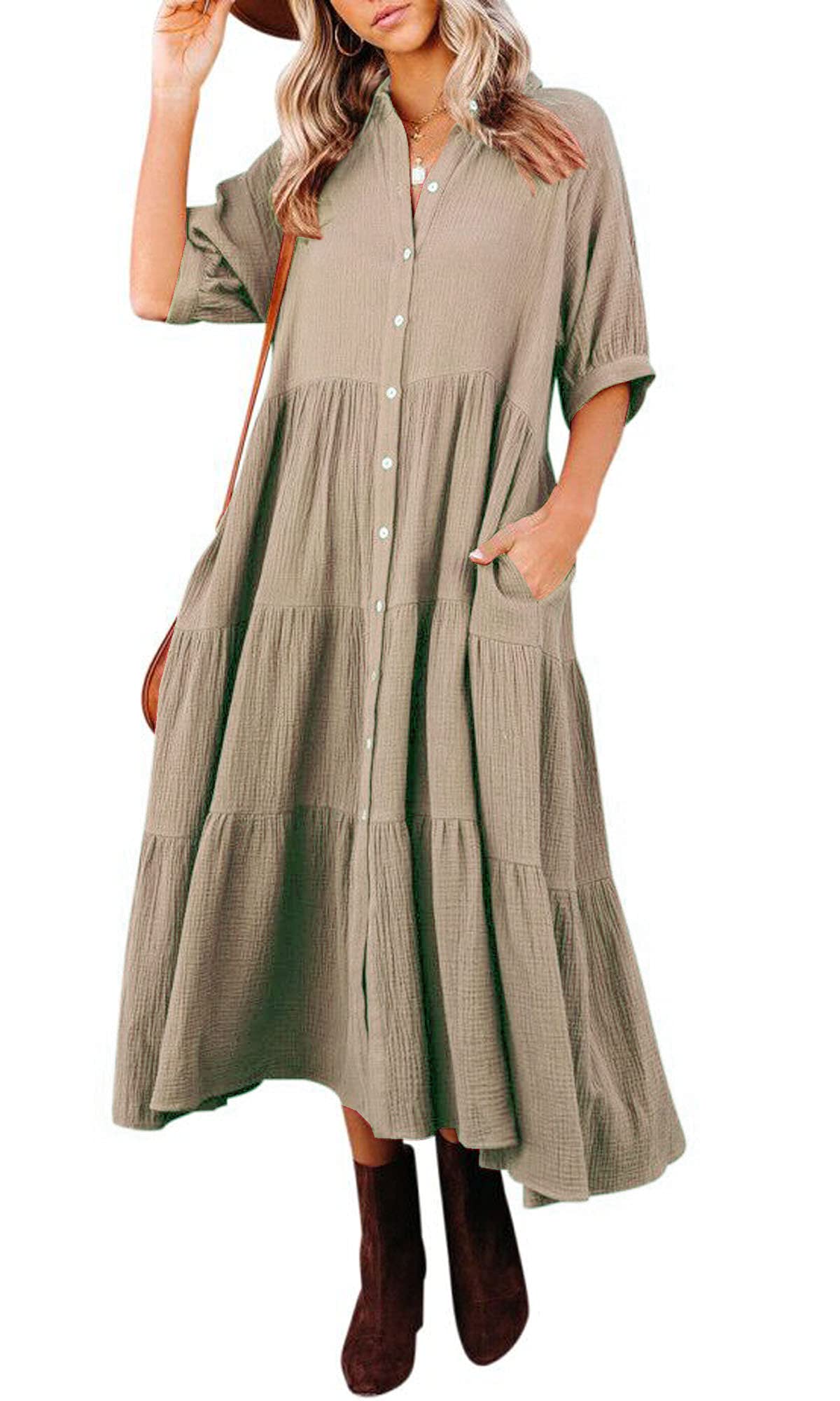 R.Vivimos Women's Summer Cotton Half Sleeves Button Down Casual Loose Slit Midi Dress with ...