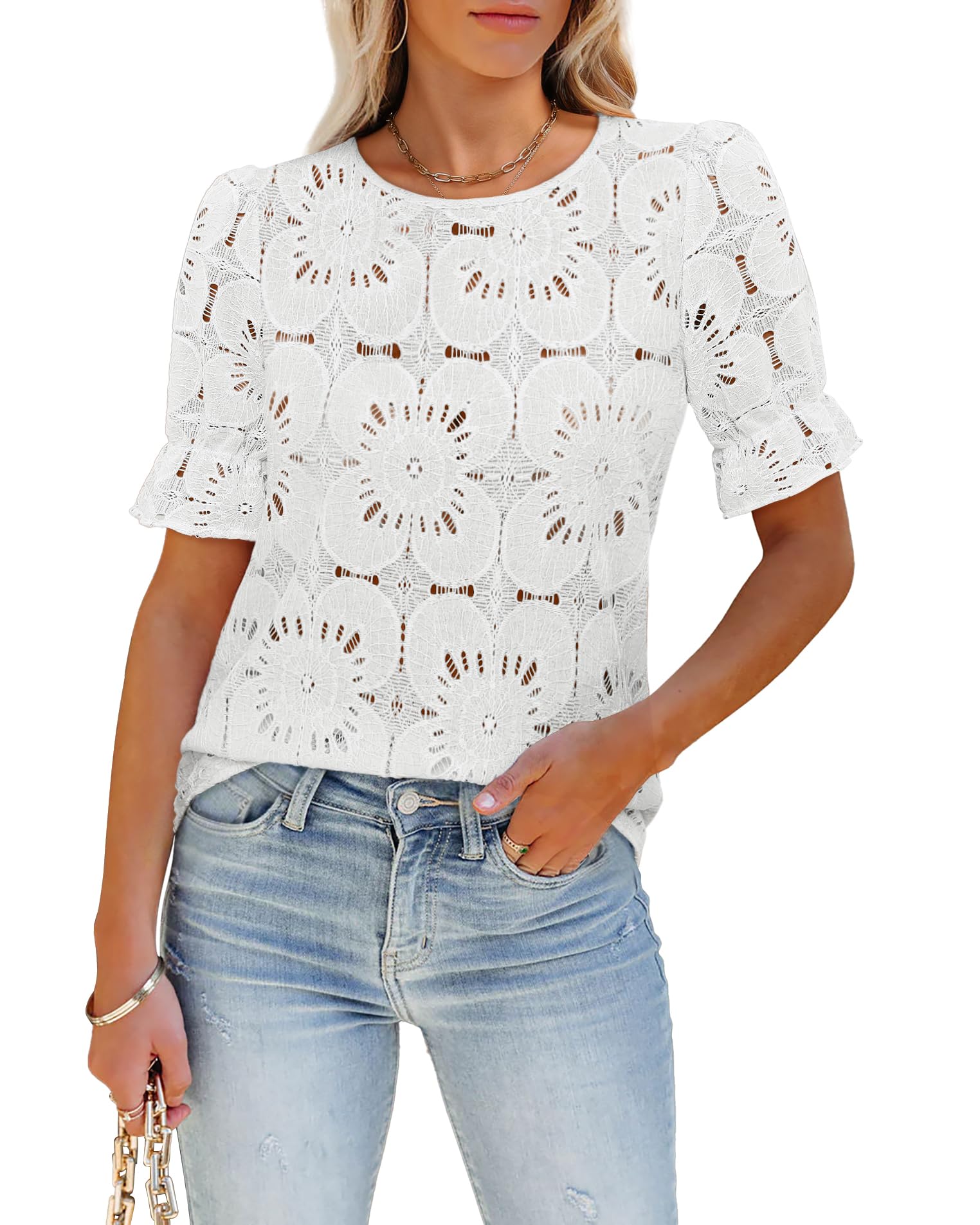 LUXVEER Women Eyelet Dressy Casual Blouses Puff Sleeve Crewneck Lace Floral Crochet Embroidered ...
