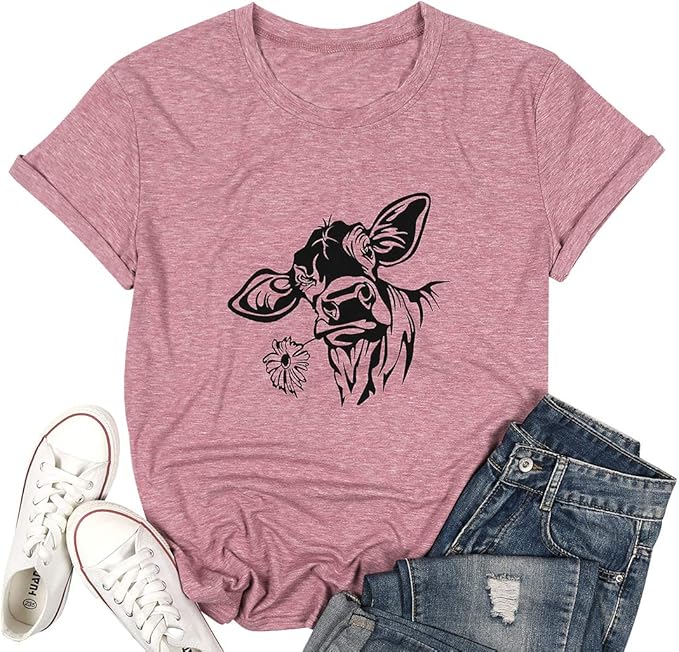 Cow Tshirt Womens Fun Animal Graphic Tees Casual Short Sleeve Summer ...