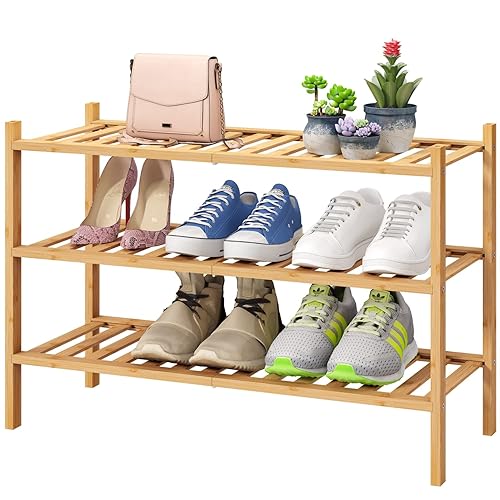 3-Tier Free Standing Shoe Racks, Bamboo Wood Shoe Rack for Entryway ...