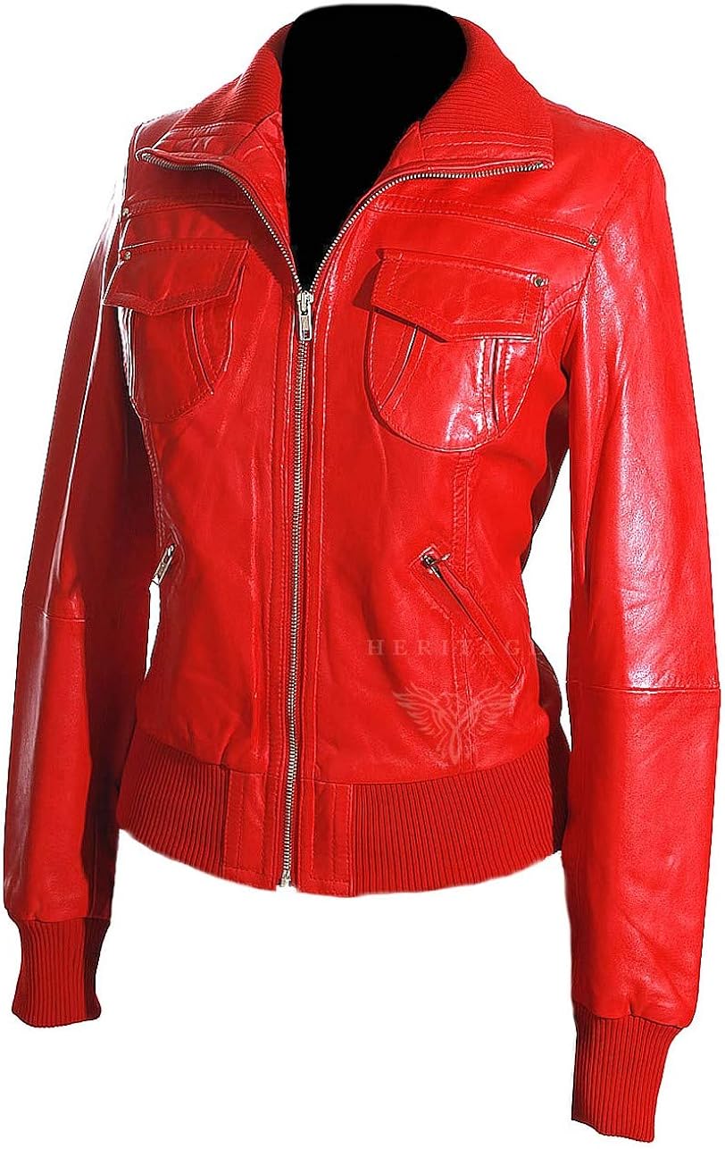 Brooklyn Red Ladies Biker Style Bomber Designer Real Washed Lambskin ...
