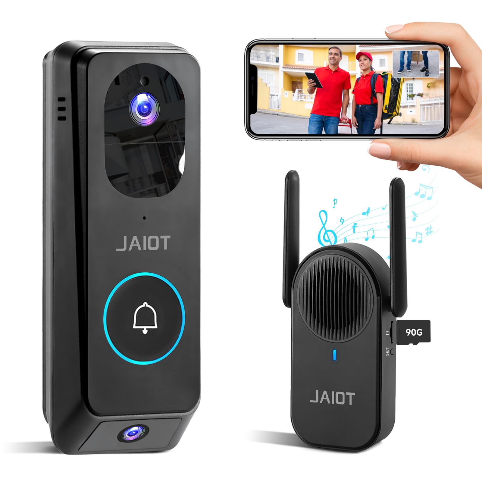 JAIOT 2K Wireless Video Doorbell with Chime, Wi-Fi Doorbell Camera with ...