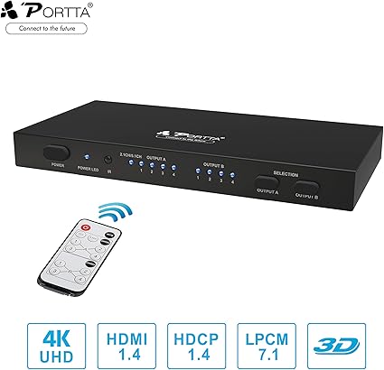 PORTTA Matrix HDMI 4 Ports 4x2 Matrix + Sortie Audio avec télécommande ...