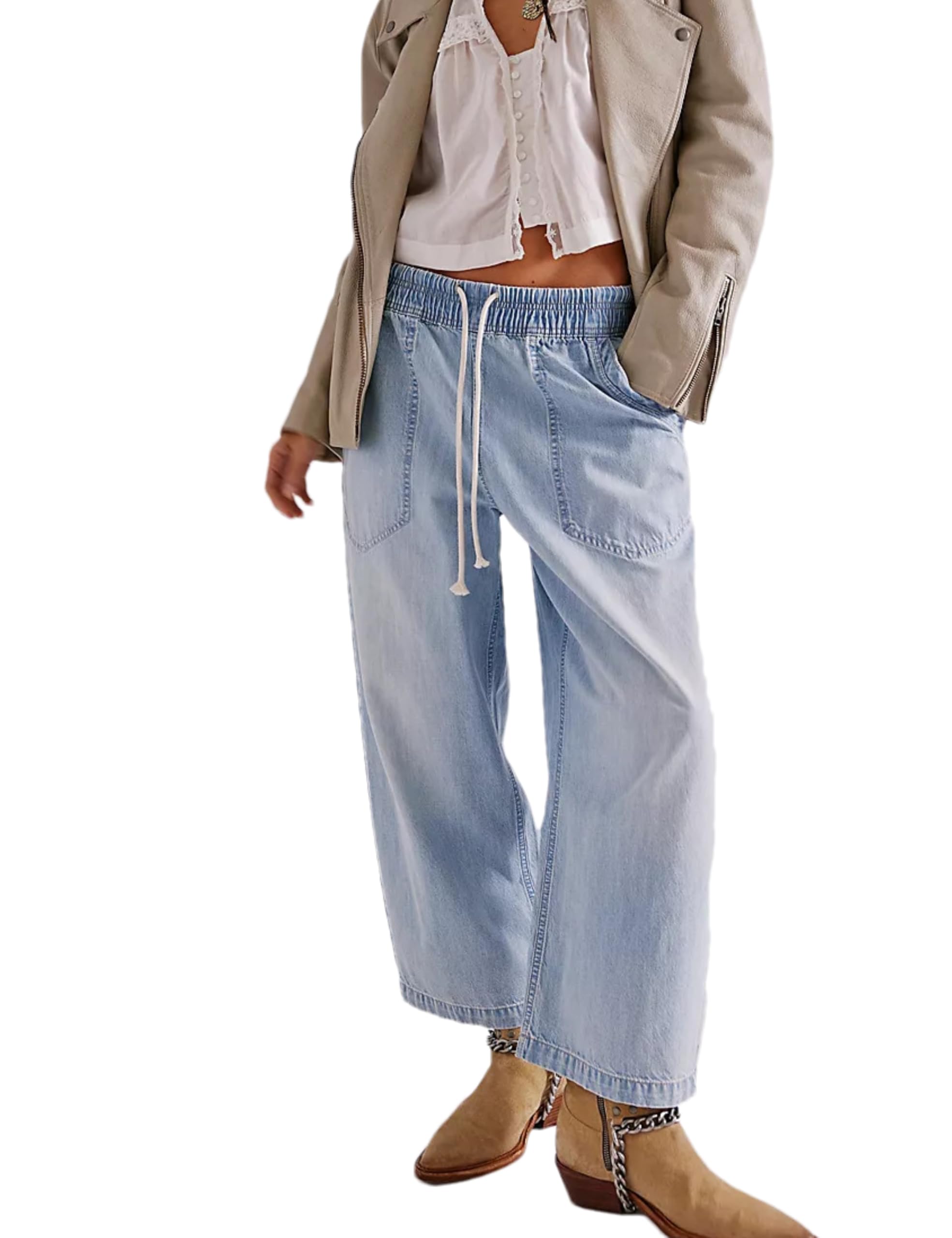 Zontroldy Women's Drawstring Mid Waisted Wide Leg Jeans Loose Fit ...