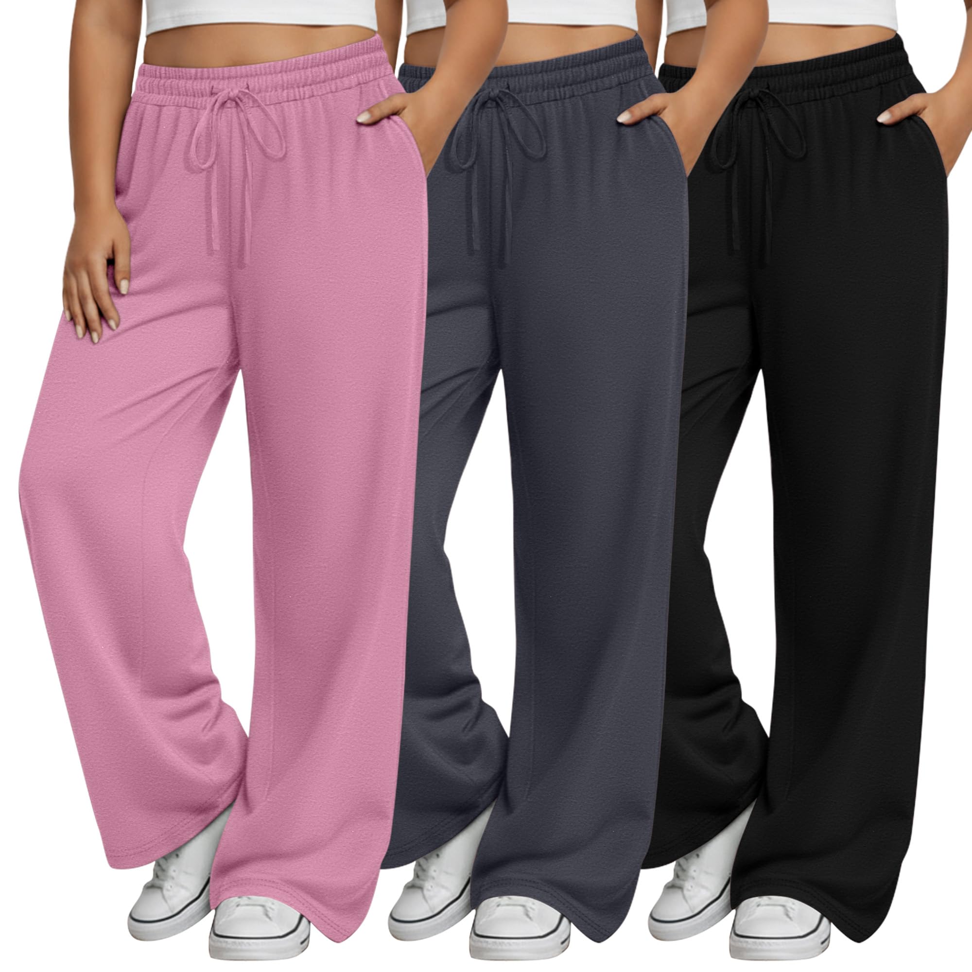 Neer 3 Pack Women's Plus Size Sweatpants Wide Leg High Waist Drawstring ...