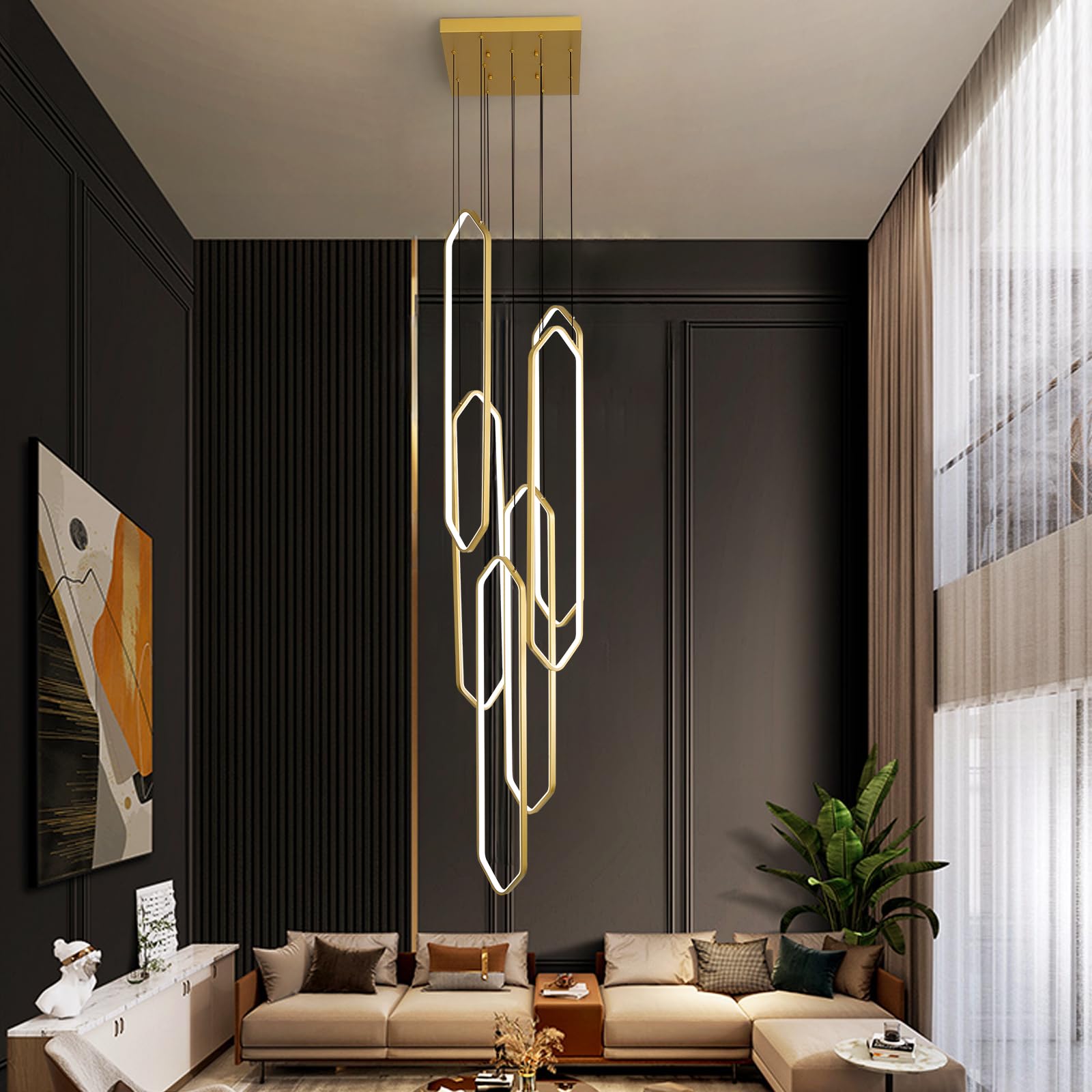 CHYING Modern LED Chandelier 6-Light Gold Large Chandeliers High Ceilings 3000K-6000K Dimmable ...