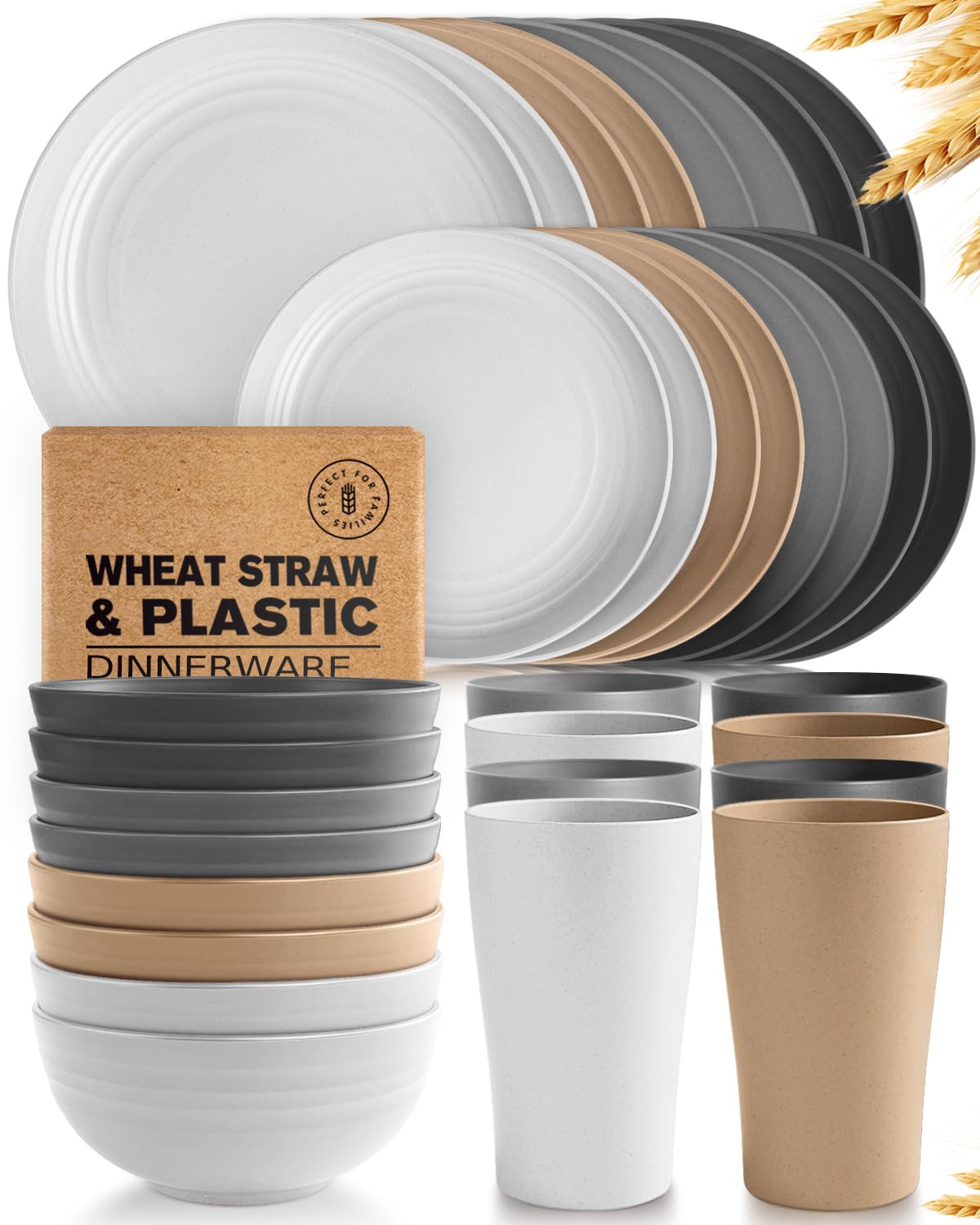 Teivio 32-Piece Kitchen Plastic Wheat Straw Dinnerware Set, Service for ...