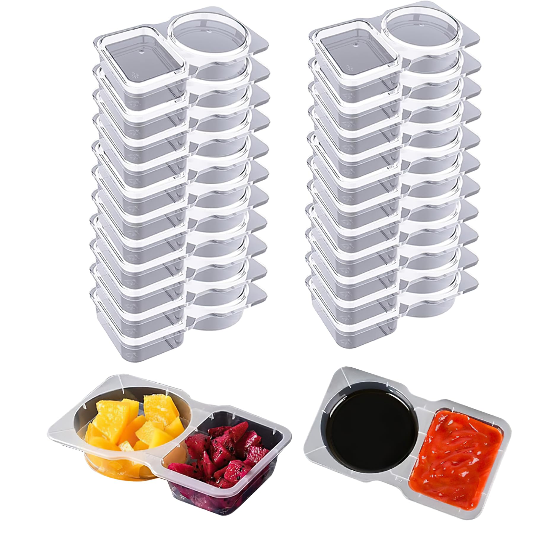 HHXC 50 pcs Disposable Two-Compartment Sauce Cups – 5.5" x 3.3" x 1 ...