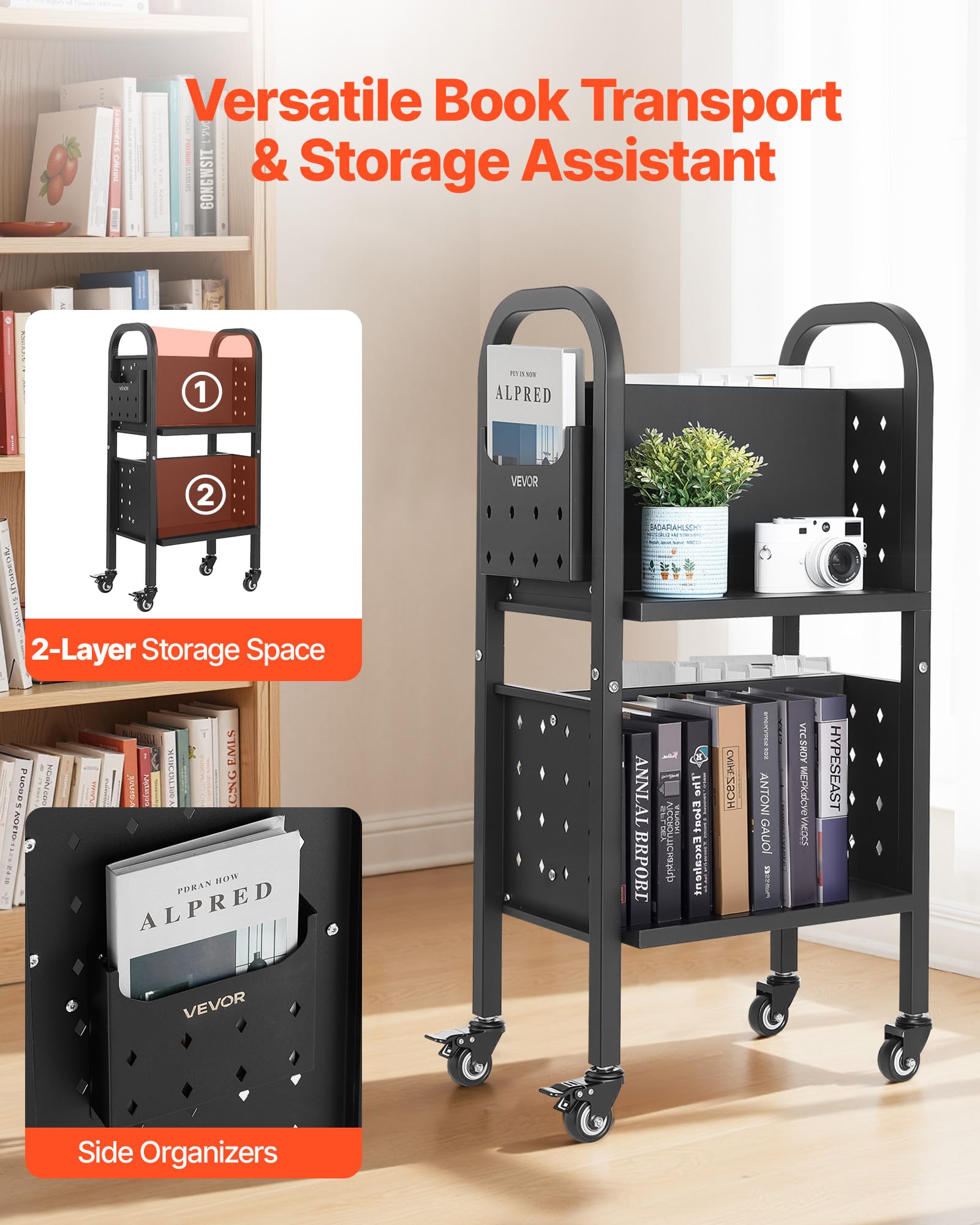 VEVOR Rolling Library Book Cart, 150 Lbs Capacity, 17.7 X 13.0 X 34.6 ...