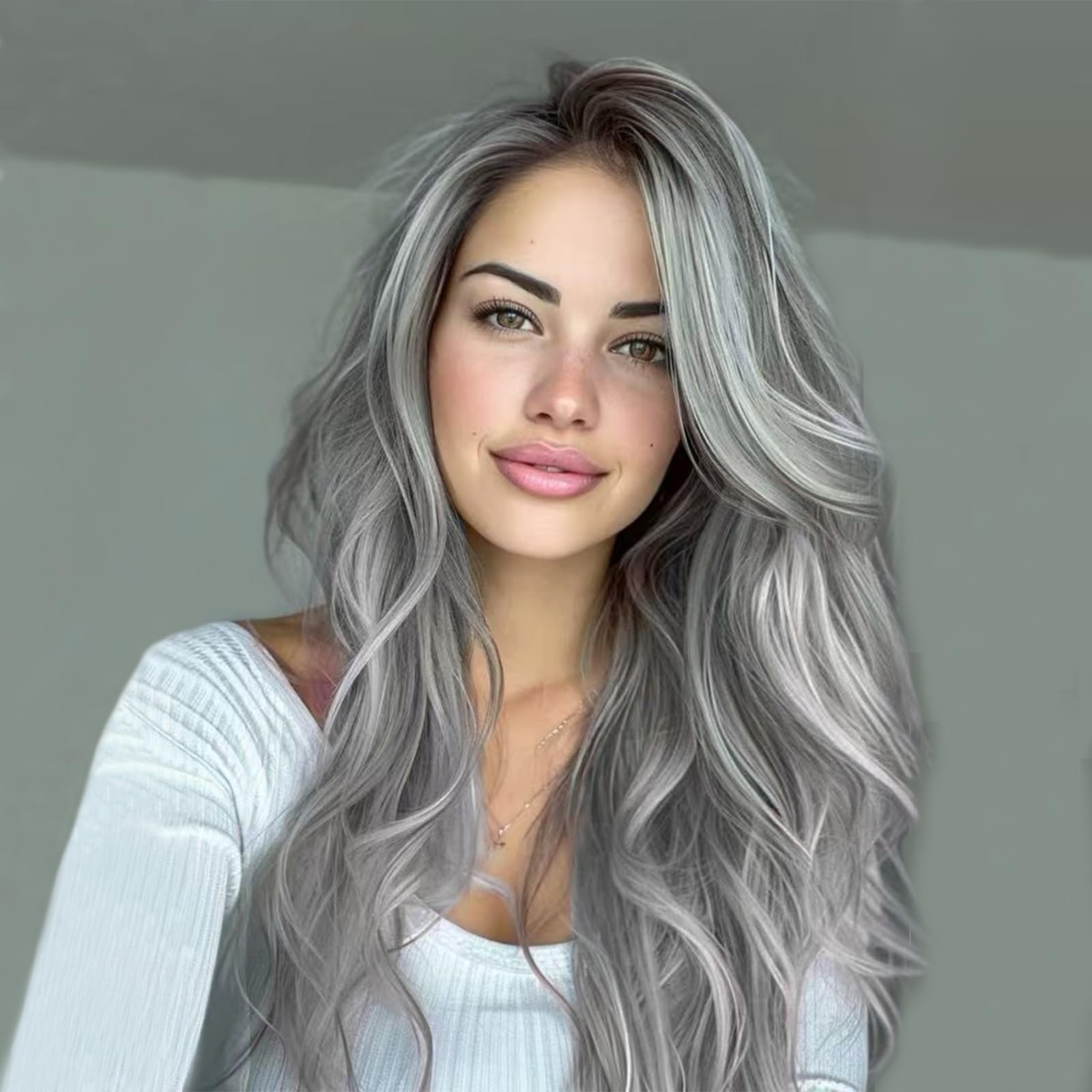 Jolelyne Silver Gray Ombre Wigs Layered Wavy Wig with Curtain Bangs for ...