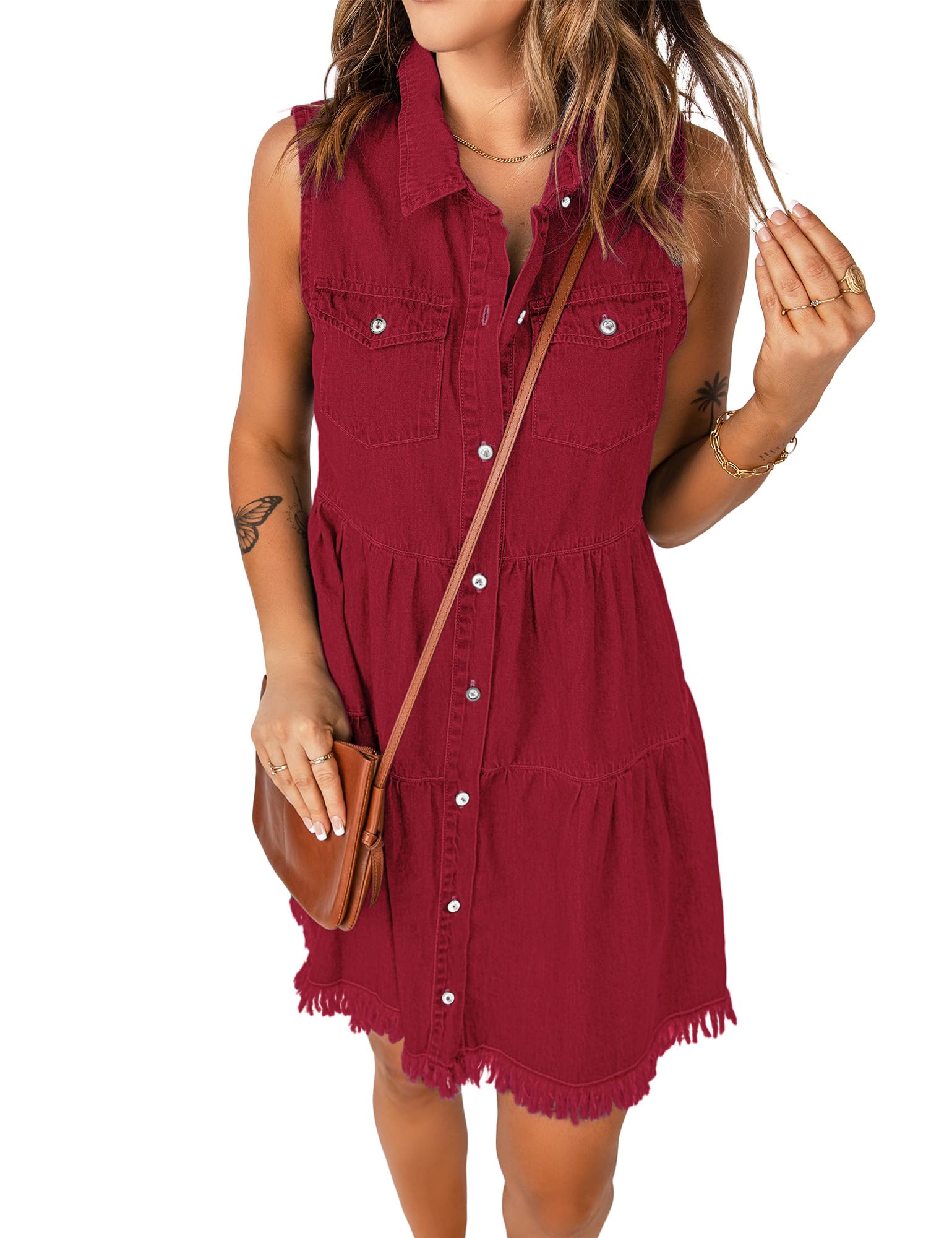 luvamia Women's Casual Summer Lapel Sleeveless Button Down Short Denim ...