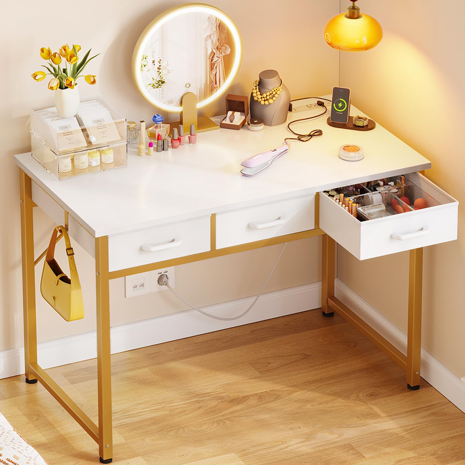 AODK 40" Small Vanity Desk No Mirror with Drawers & Power Outlet ...