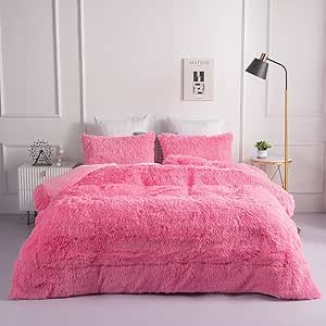 Amazon.com: Chovy Faux Fur Plush Pink Comforter Sets Full/Queen - Ultra ...