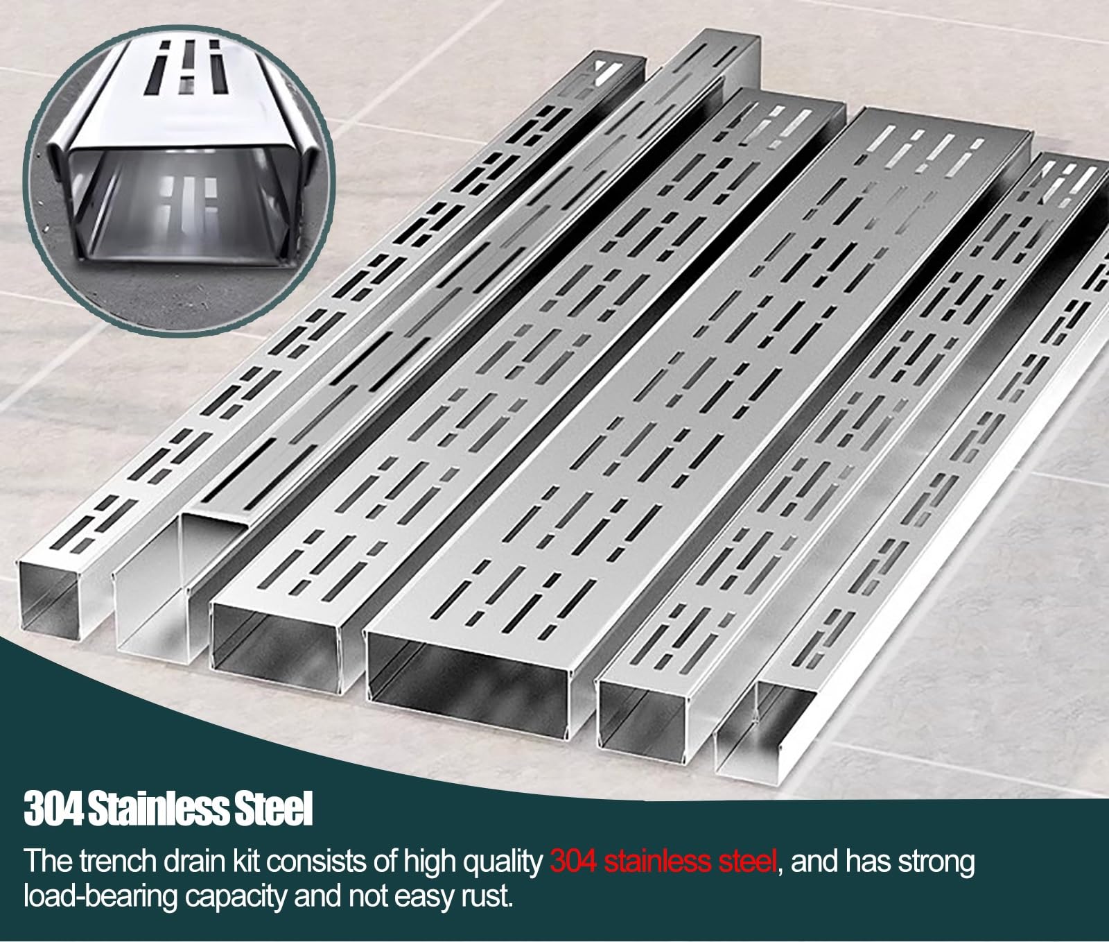 YLLFFLL Trench Drain System, Channel Drain With Metal Grate Indoor ...