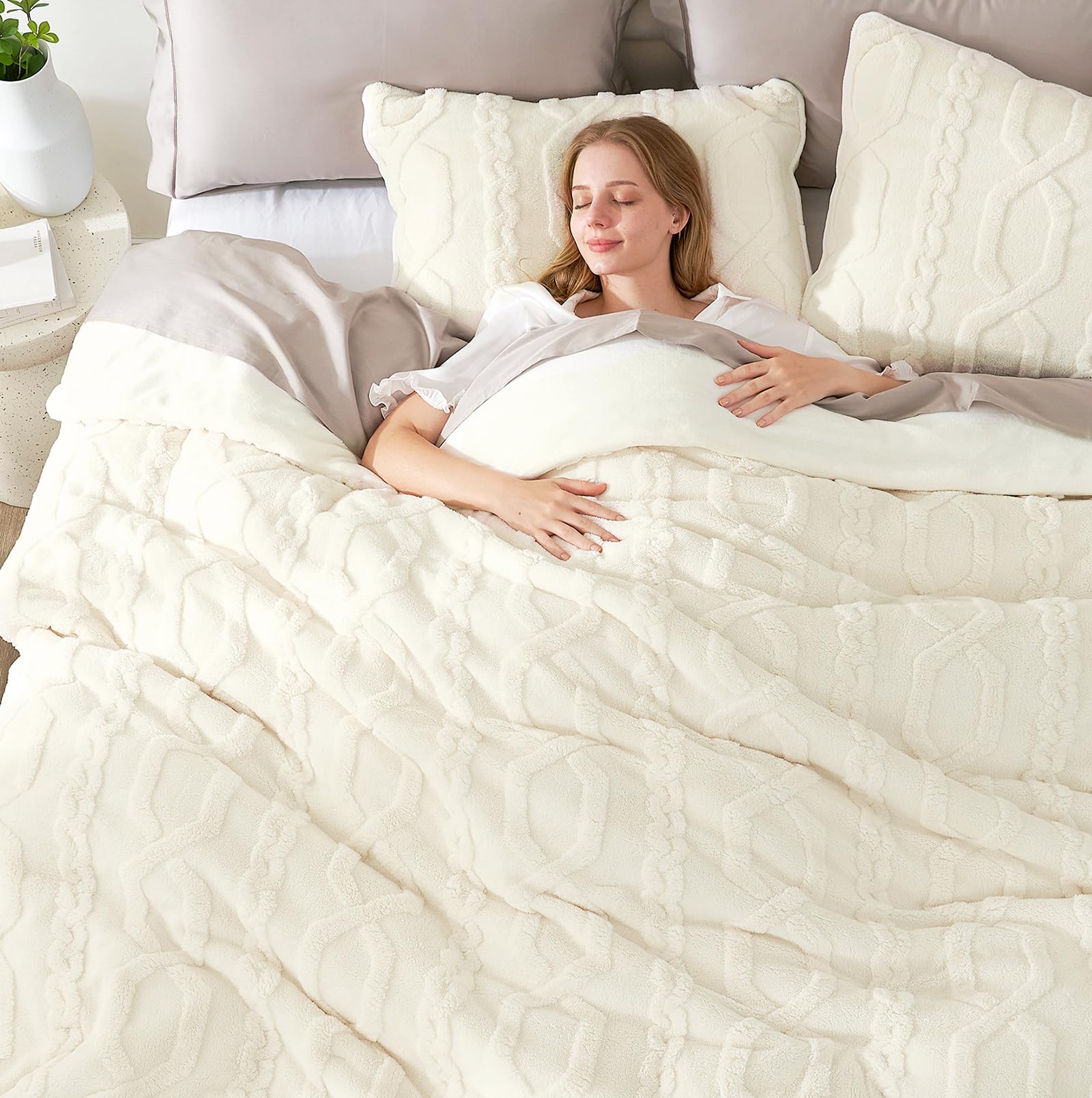 Cozy Bliss Fluffy King Size Comforter Set Cream, Jacquard Boho Texture ...