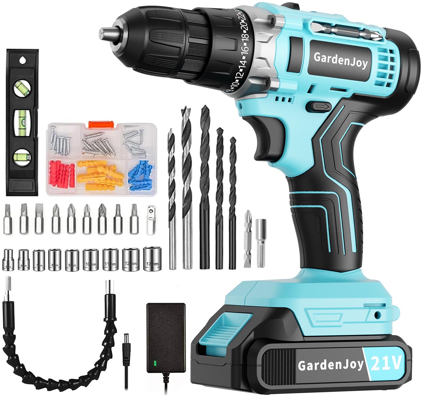 GardenJoy Cordless Power Drill Set - 21V Electric Drill Driver Kit with ...