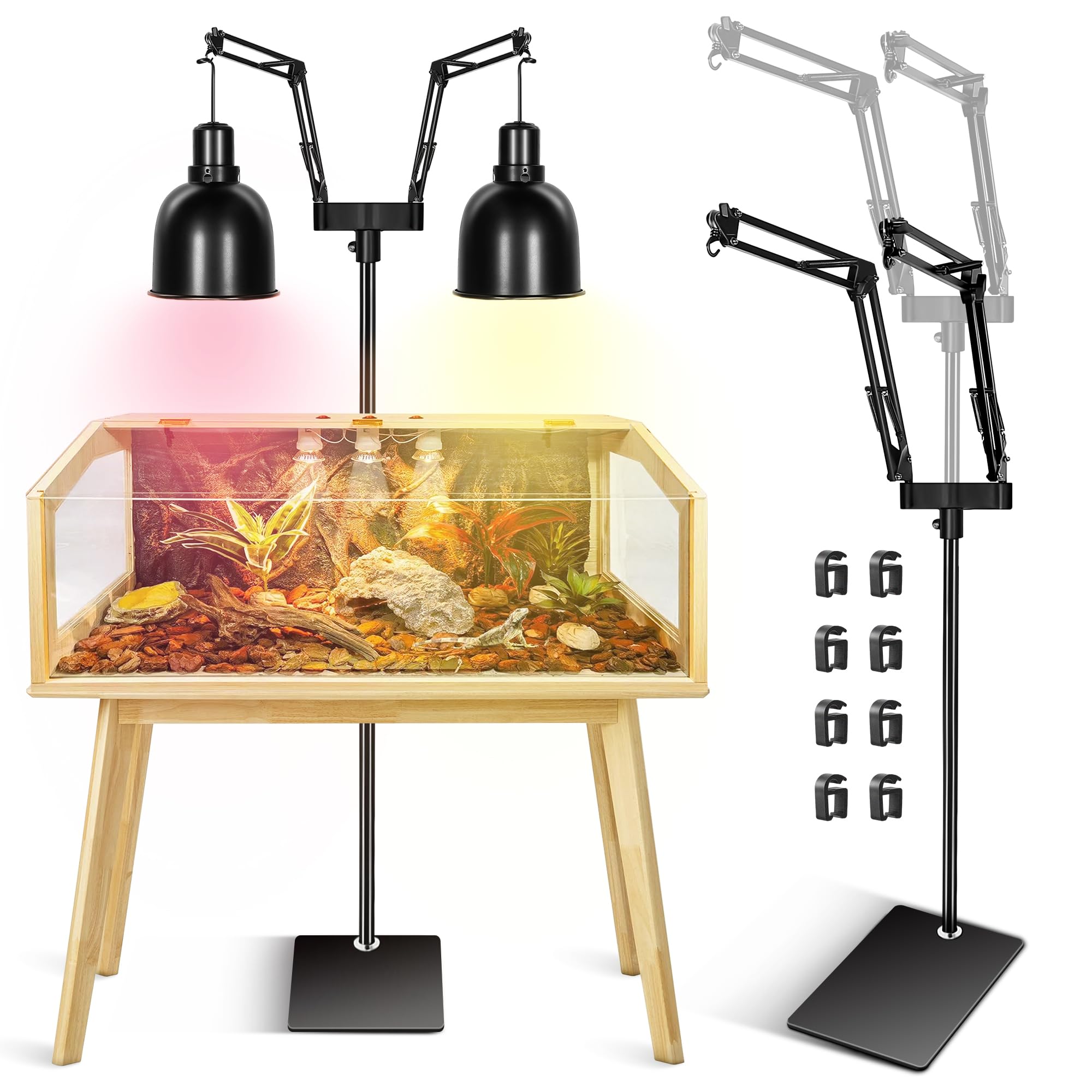 Enhon Reptile Heat Lamp Stand, Dual Reptile Light Stand with Two ...