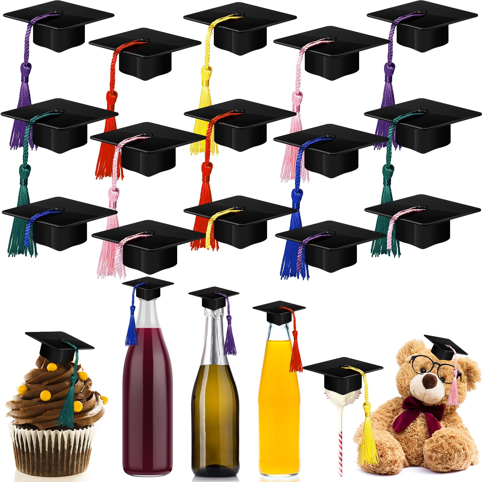 Qunclay 30 Pieces Mini Graduation Cap Plastic Grad Cake Wine Bottle ...