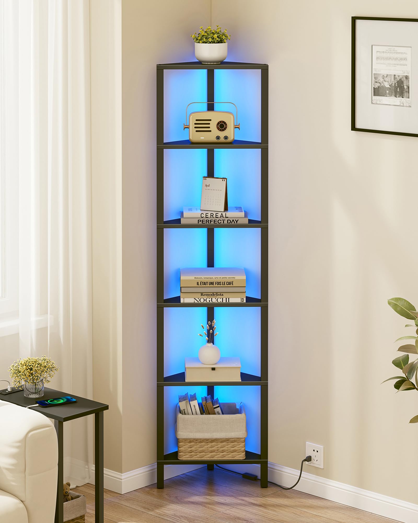 TUTOTAK Corner Shelf with LED Light, 6-Tier Corner Bookshelf for Small ...