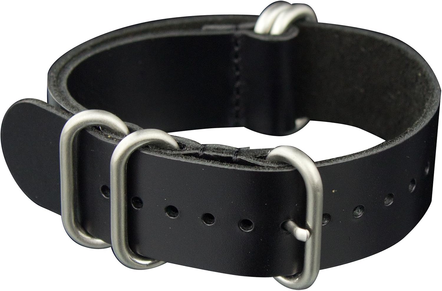 INFANTRY Geniune Black Leather Watch Band Strap NATO 5 Ring G10 Silver ...