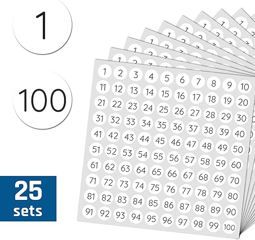 Amazon.com : 25 per Number, 1 to 100, Number Round Sticker Labels - 0.4 ...