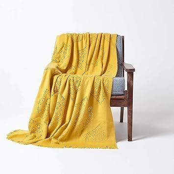 HOMESCAPES Mustard Yellow Sofa Throw with Fringe Detail and Cut Out ...