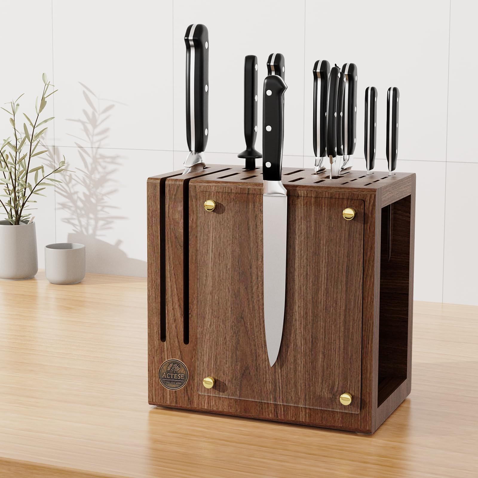 Magnetic Knife Block with Glass Cover - Universal Walnut Wood Knife ...