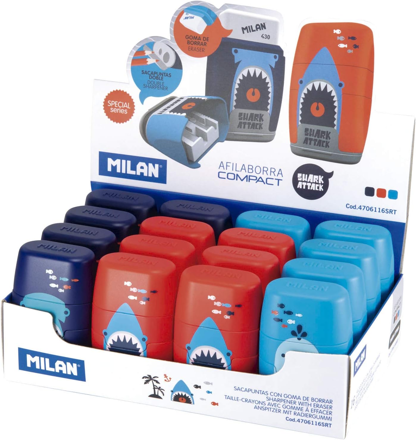 MILAN Compact Shark Attack, Display Box 16 Sharpeners – BigaMart