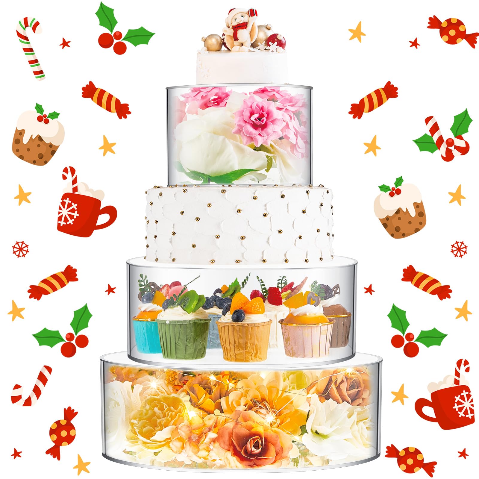 Sintuff 3 Pcs Acrylic Cake Stand with LED Lights Clear Fillable Cake ...