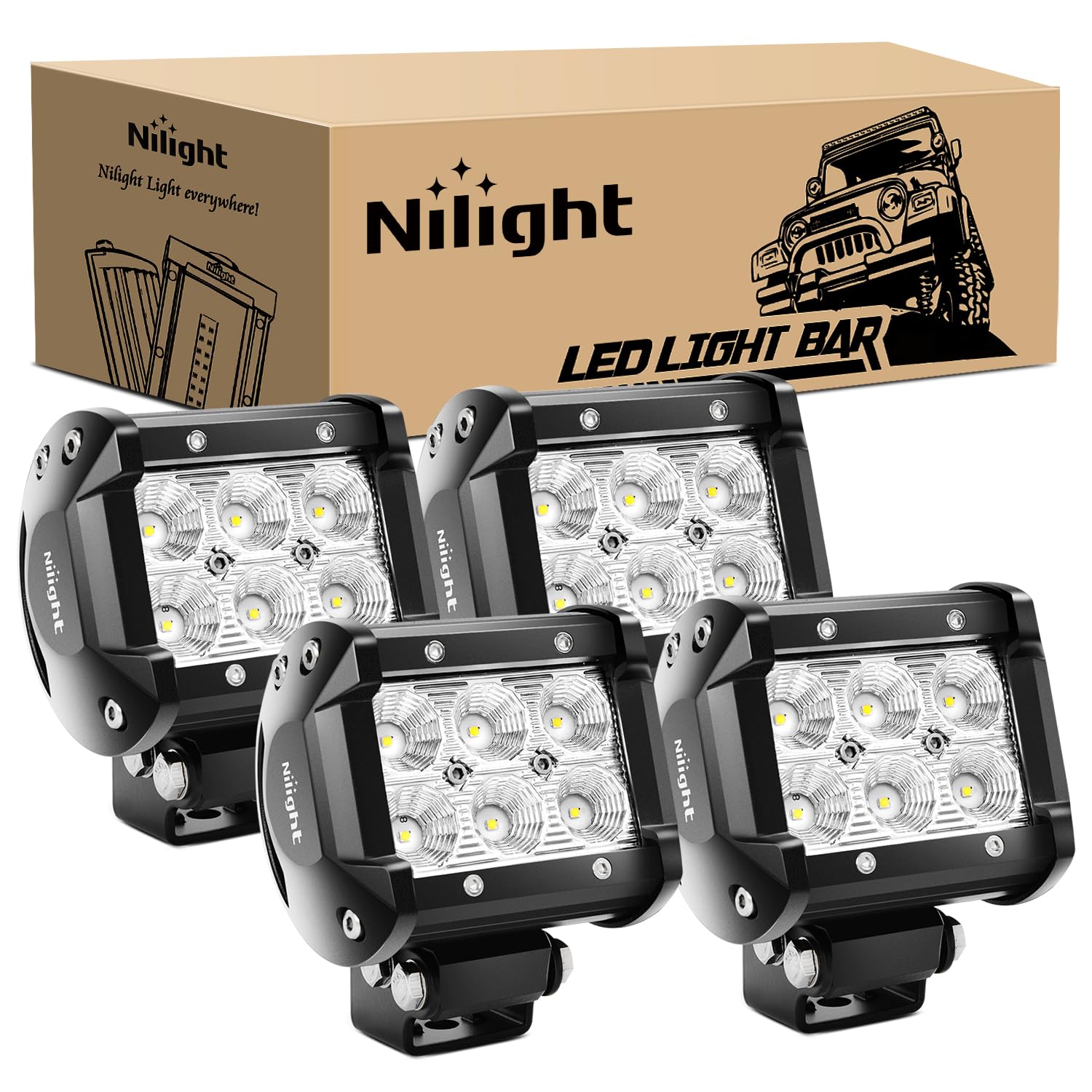 Nilight LED Pods 4PCS 18W 1260lm Flood LED Light Bar Driving Fog Light ...