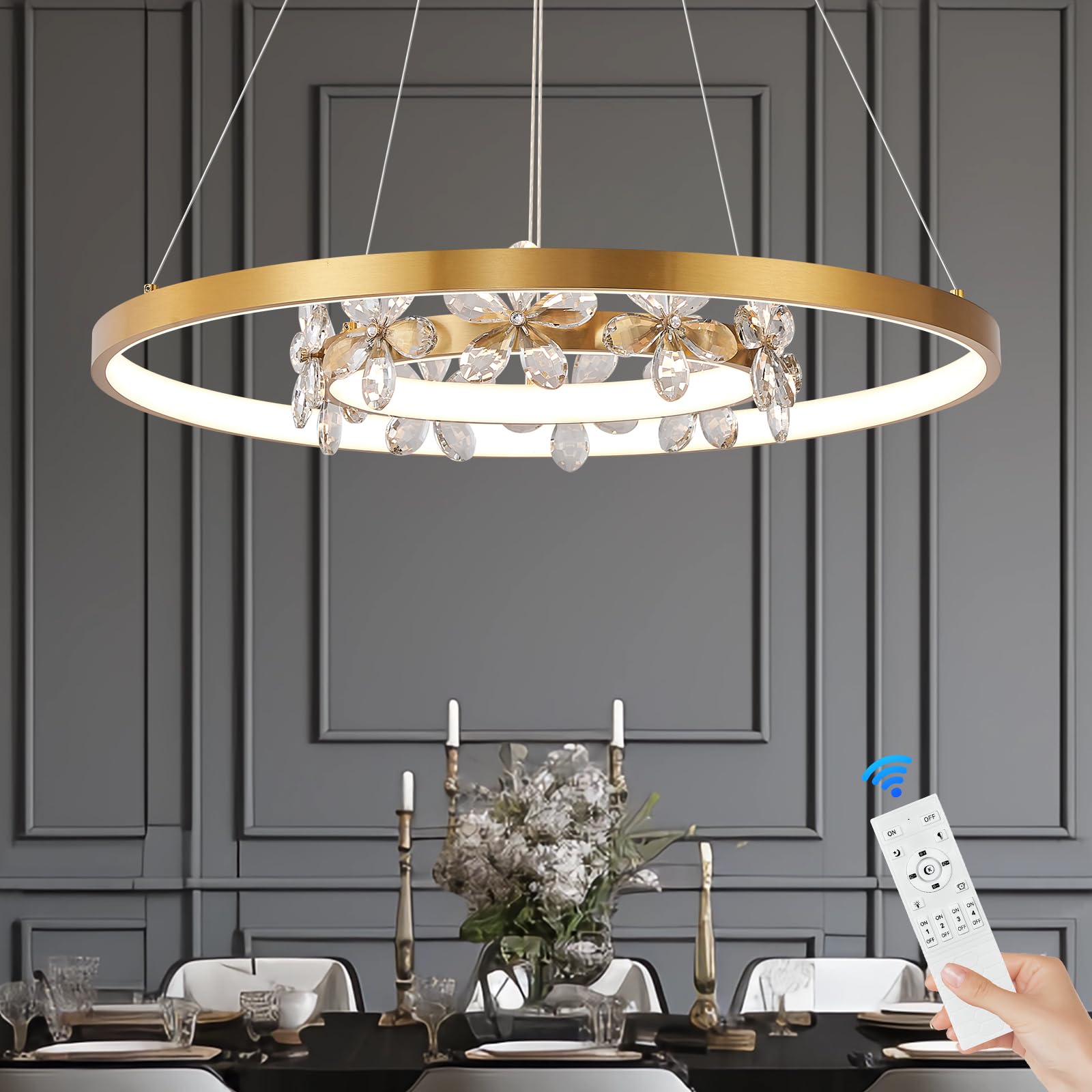 AIRYPHANT Modern LED Chandeliers 24" Golden 2-Ring LED Chandelier with Crystal Flowers Dimmable ...