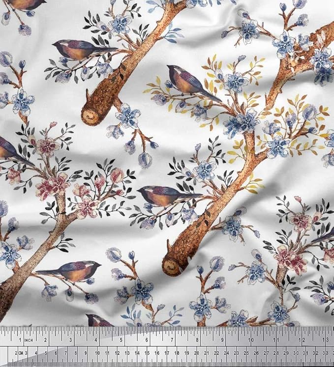 Soimoi Weiß Baumwolle Ente Stoff Blumen & Robin Vogel Stoff drucken ...