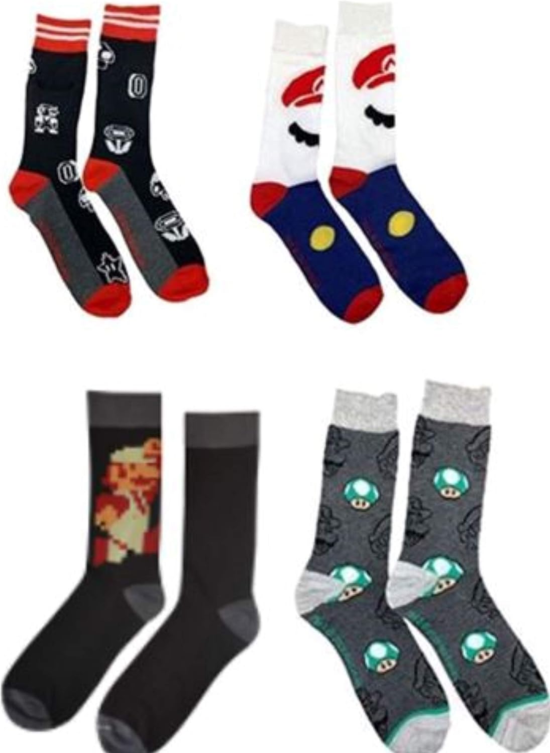 Super Mario Bros Nintendo 4 Sock Bundle - Toad Sock, Grey 8 Bit Mario ...