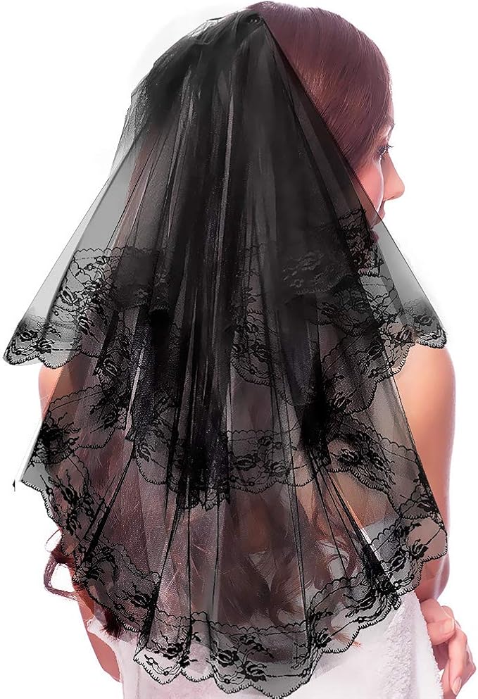 Allnice Black Halloween Veil Double Layer Mesh Lace Wedding Veil Waist ...